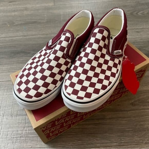 Vans | Shoes | Nib Vans Checker Board Pomegranate Red Slip On Skate ...